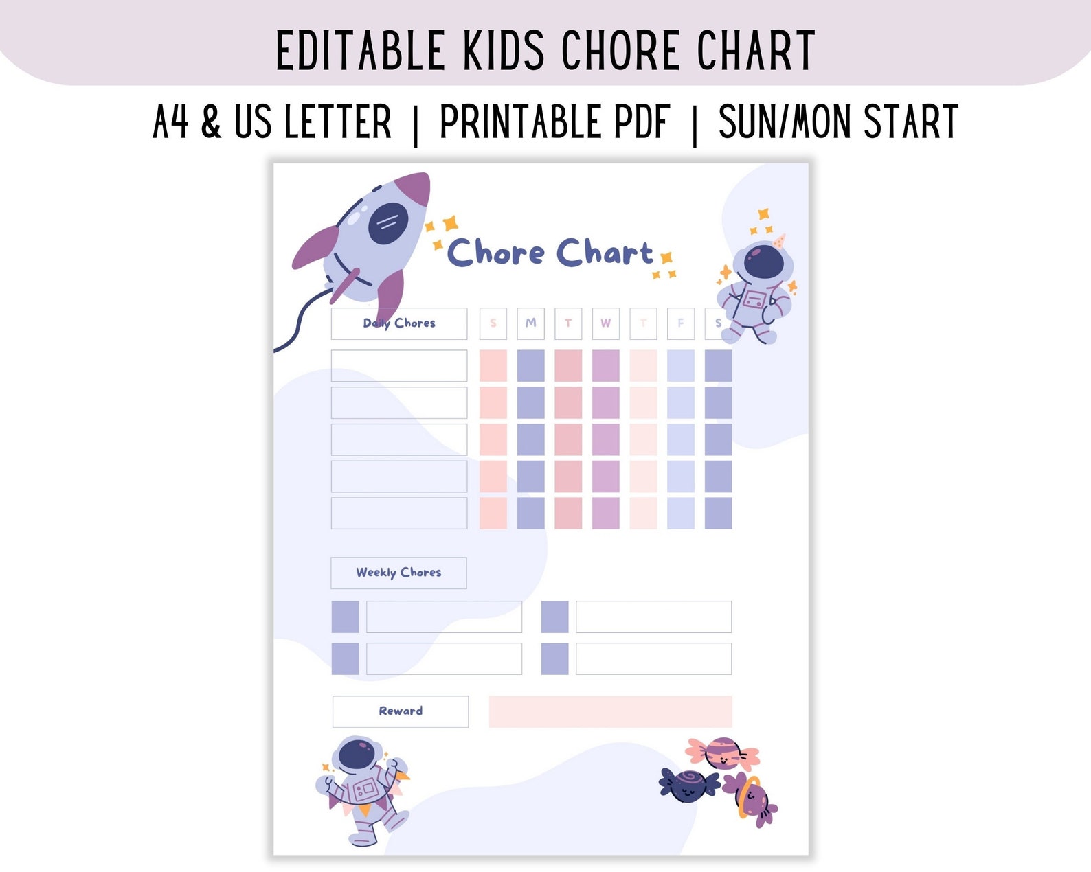 Printable PDF, Fillable Kids Chore Chart, Reward Chart, Daily Weekly ...