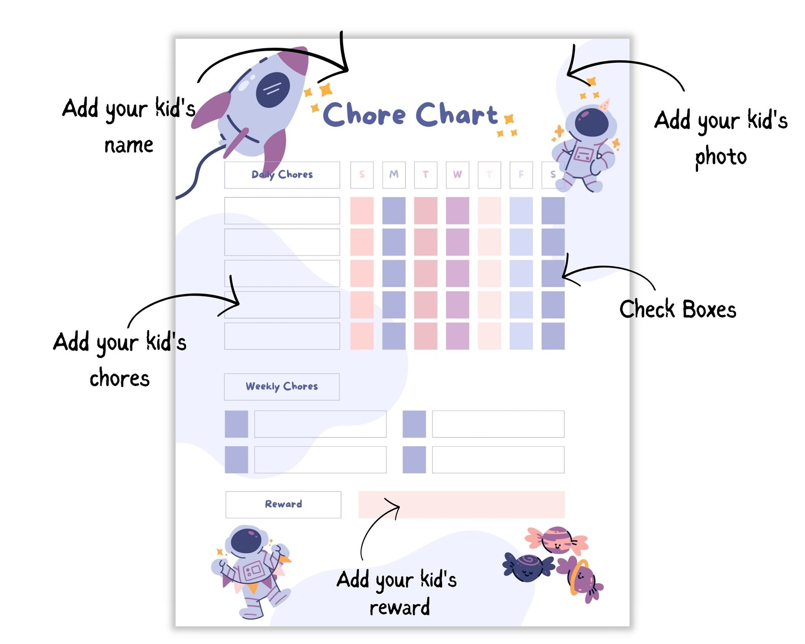 Printable PDF, Fillable Kids Chore Chart, Reward Chart, Daily Weekly ...