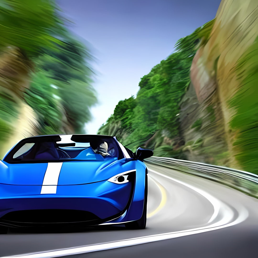 Blue Sports Car Racing Down Scenic Roads - Etsy