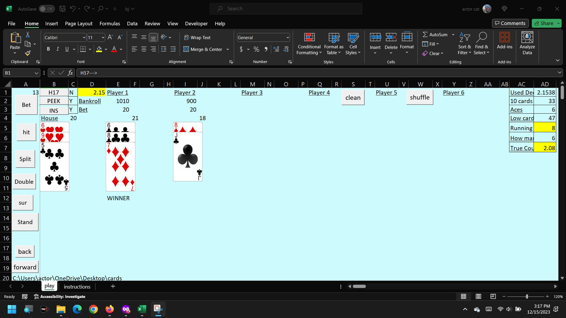 Blackjack Basic With Card Counter... Excel and Python Tkinter - Etsy