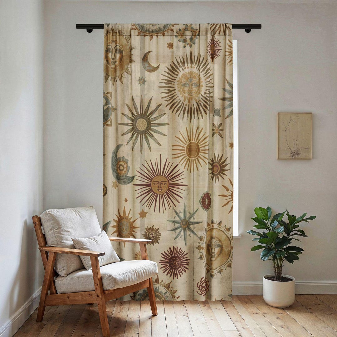 Celestial Sun and Moon Sheer Window Curtain | Boho Stars, Neutral ...