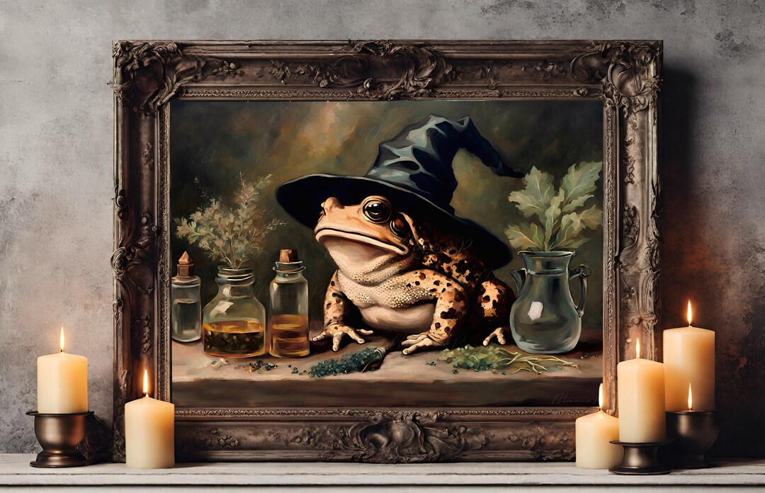 Toad in Witch Hat Painting Print Halloween Decor Vintage Aesthetic ...