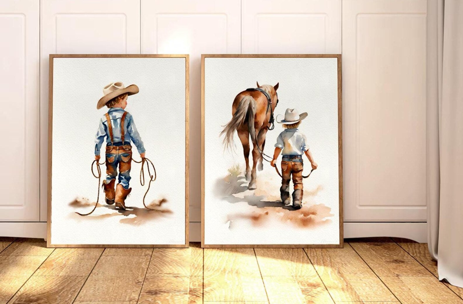Western Cowboy Prints Set of 2 Cowboy With Horse Cowboy With Rope Boys ...