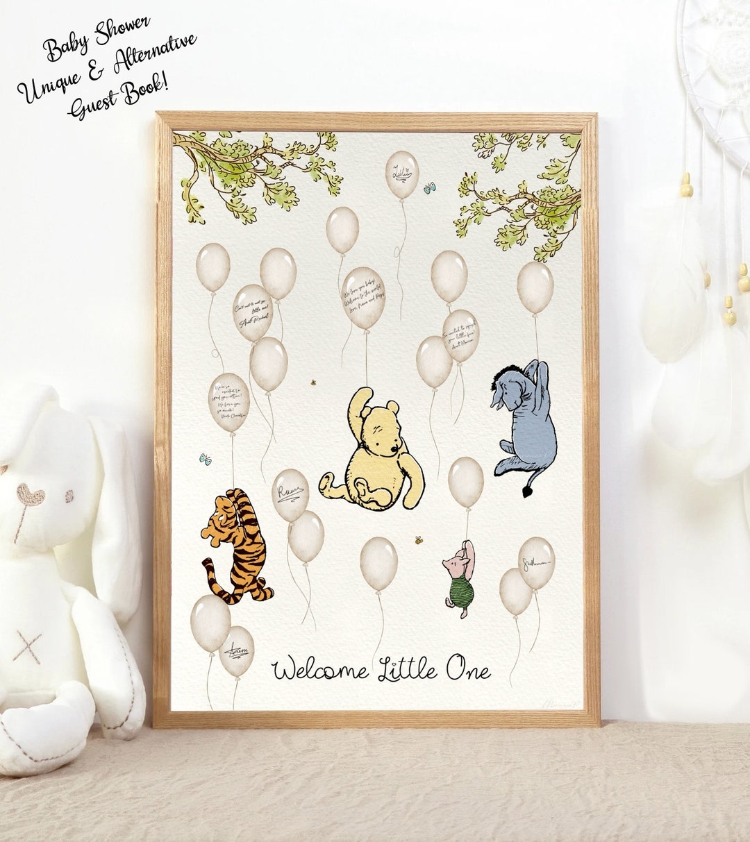 Winnie the Pooh Baby Shower Signature Guest Book Beige Balloons Winnie ...