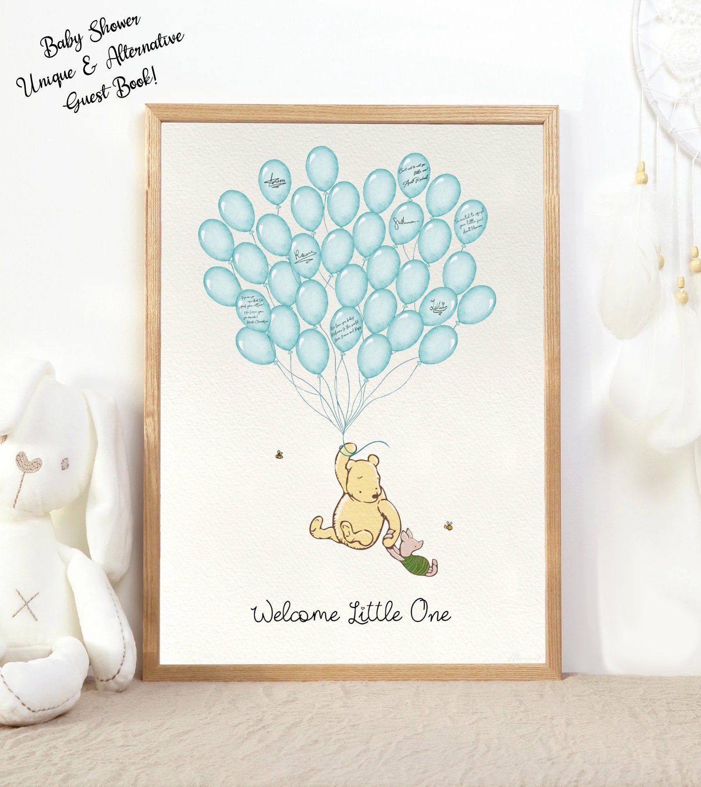 Winnie the Pooh Baby Shower Signature Guest Book Blue Balloons Classic ...