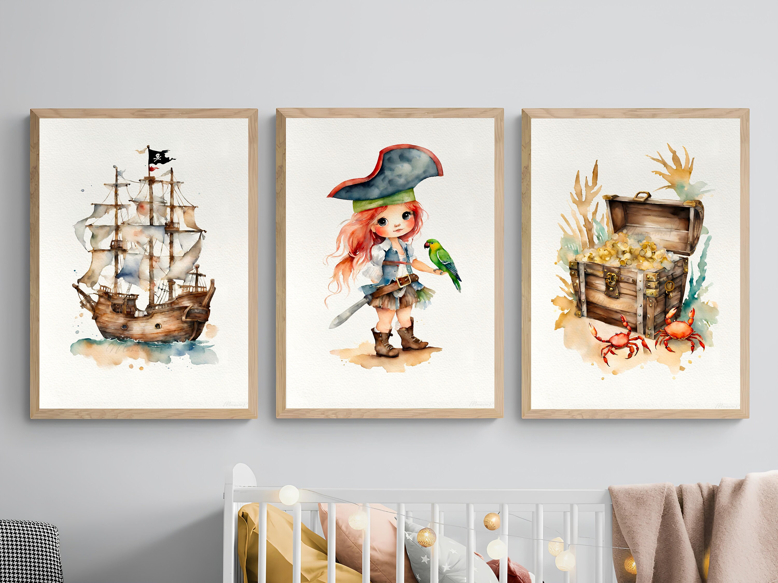 Set of 3 Girl Pirate Print Pirate Ship Treasure Chest Print Baby Girls ...