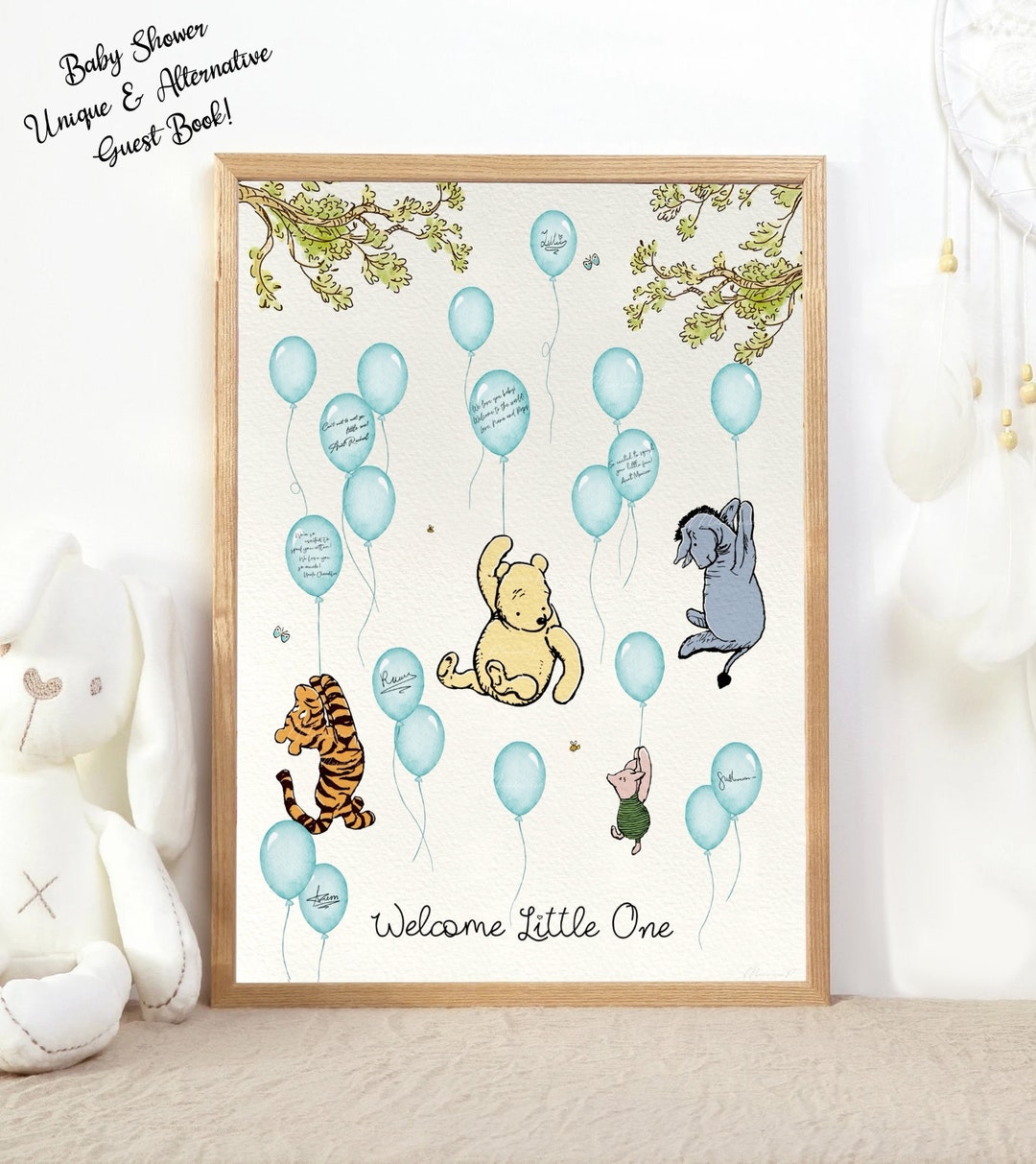 Winnie the Pooh Baby Shower Signature Guest Book Blue Balloons Winnie ...