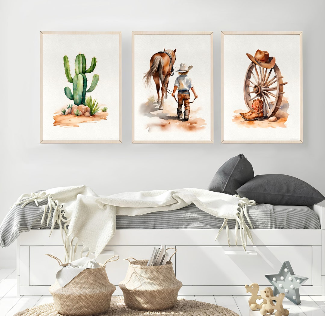 Set of 3 Western Cowboy Prints Cactus Cowboy Horse Wheel Boys Nursery ...