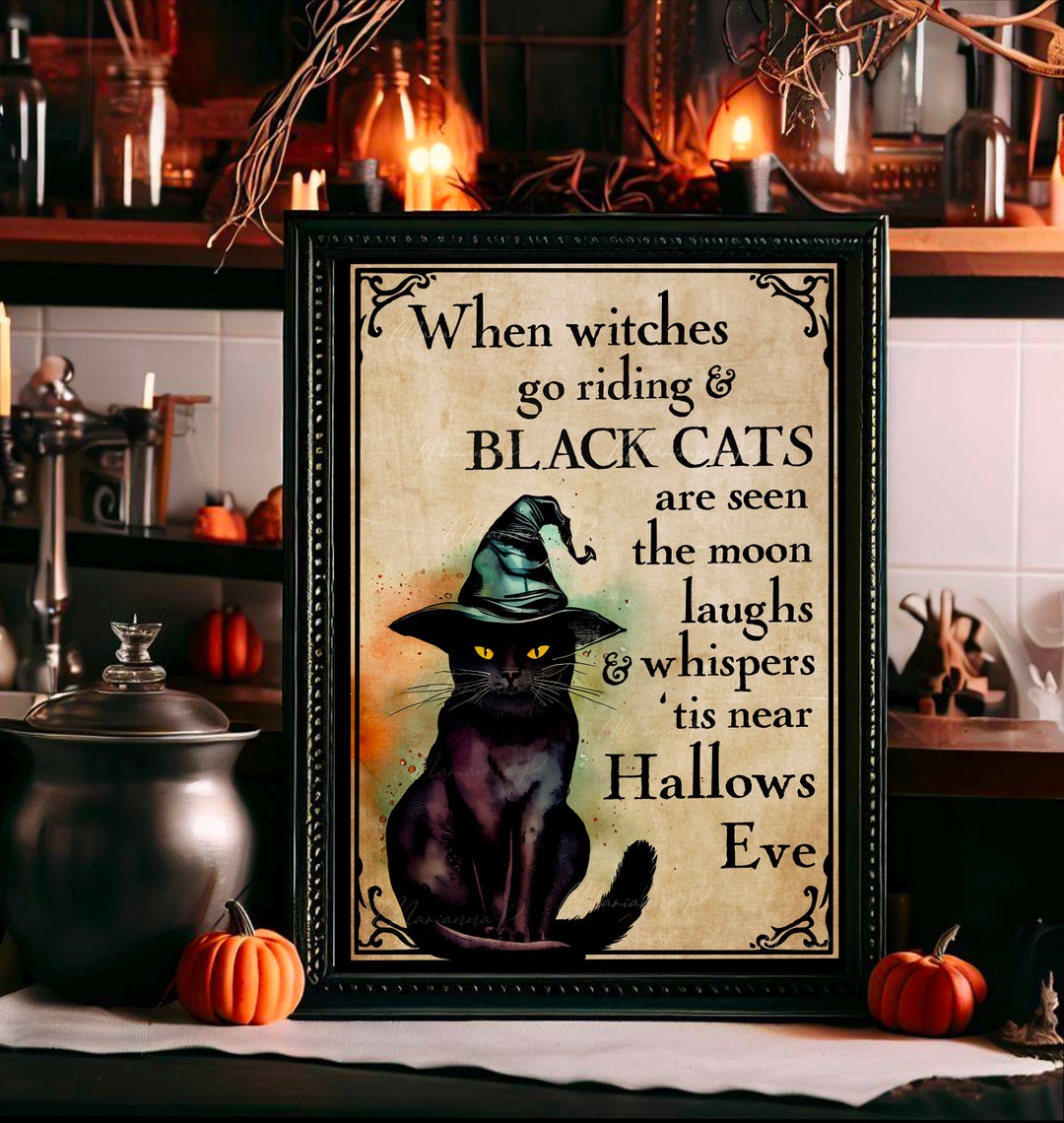 Black Cat Print Cat in Witch Hat Poster Cat Art Halloween Decor Vintage ...