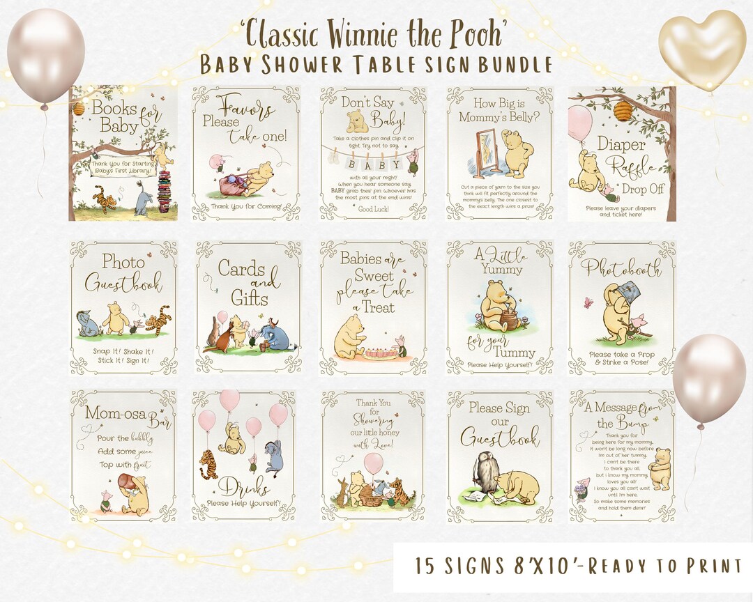 Winnie the Pooh Table Signs Classic Winnie the Pooh Baby Shower Party ...