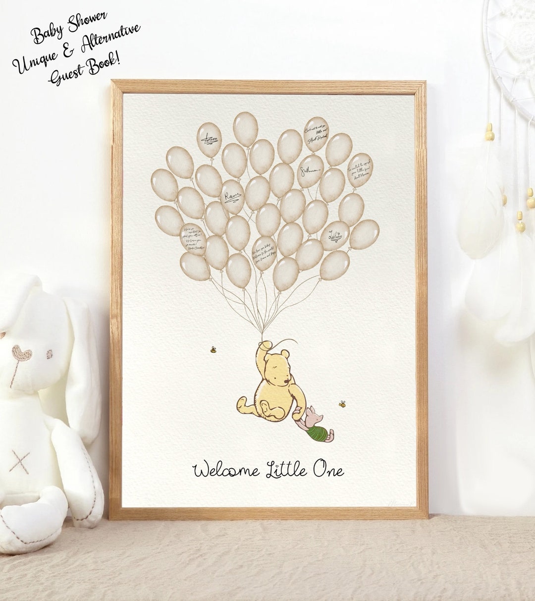 Winnie the Pooh Baby Shower Signature Guest Book Beige Balloons Winnie ...