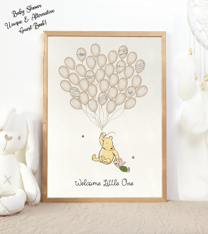 Winnie the Pooh Baby Shower Signature Guest Book Beige Balloons Winnie ...
