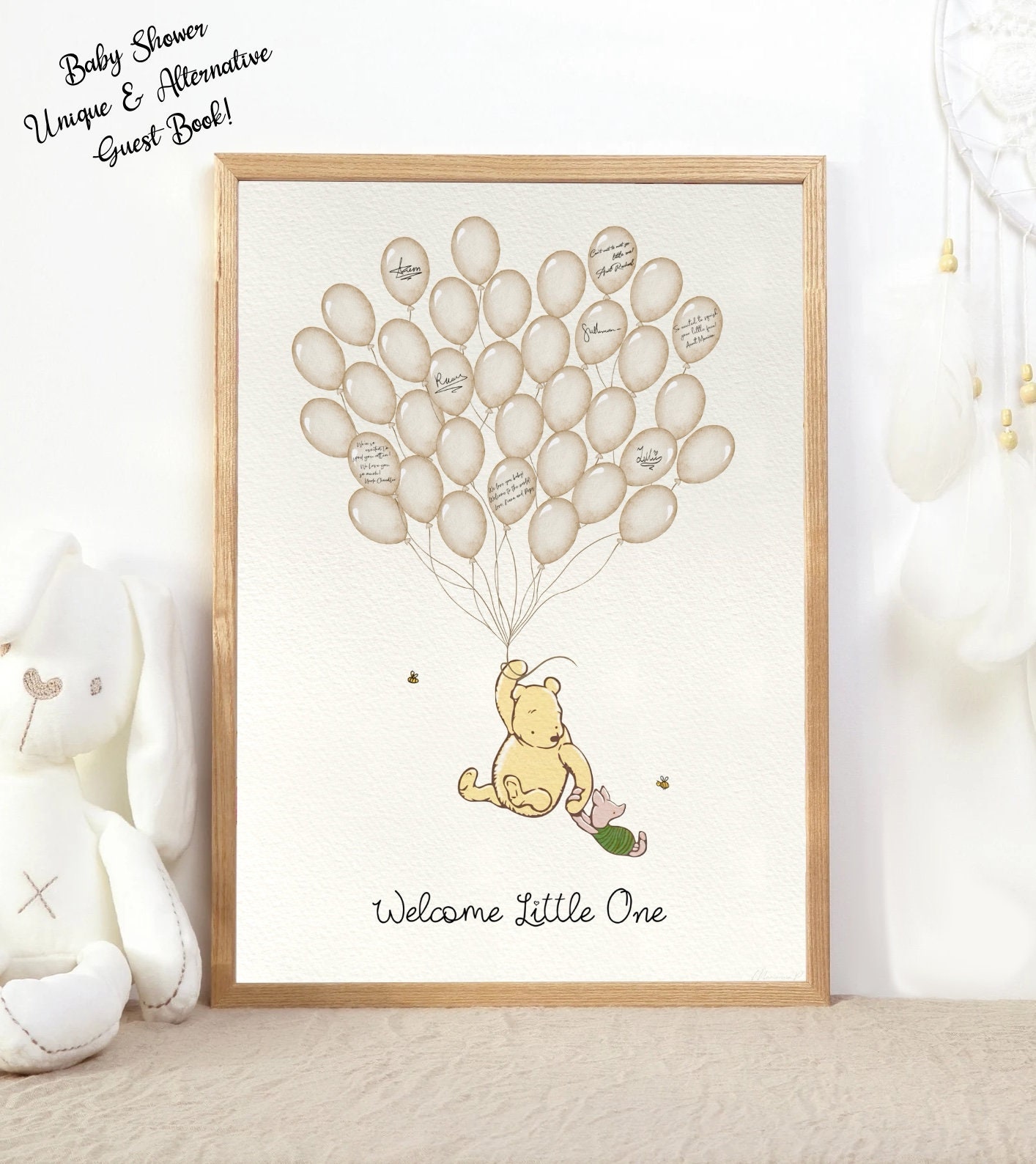 Winnie the Pooh Baby Shower Signature Guest Book Beige Balloons Winnie ...