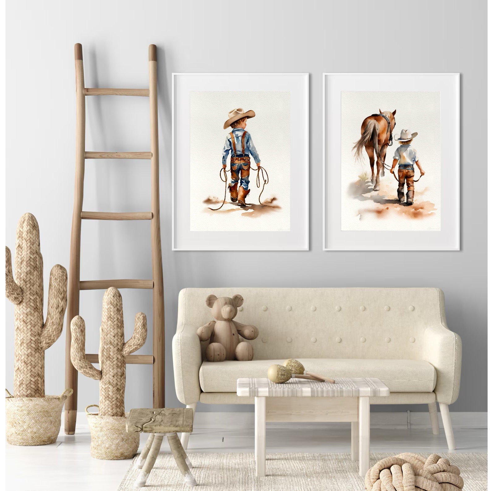 Western Cowboy Prints Set of 2 Cowboy With Horse Cowboy With Rope Boys ...