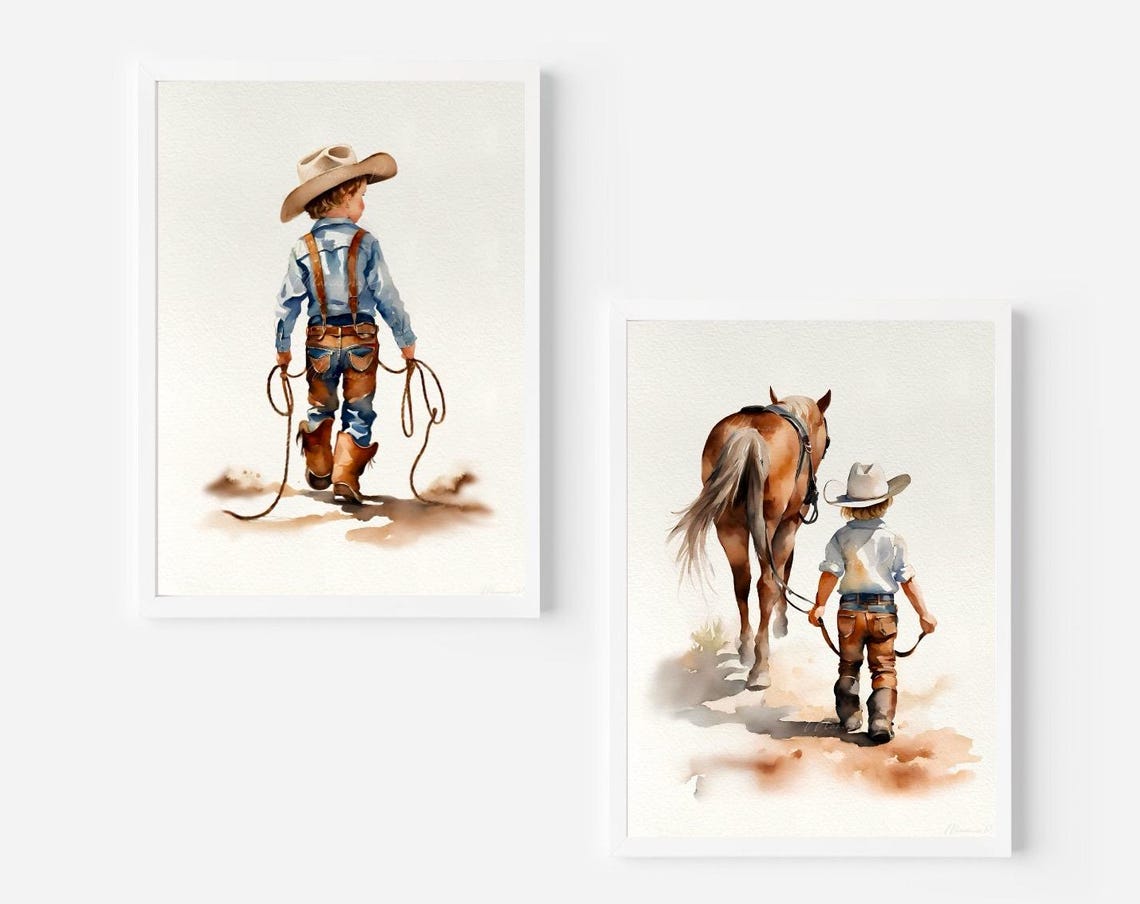 Western Cowboy Prints Set of 2 Cowboy With Horse Cowboy With Rope Boys ...