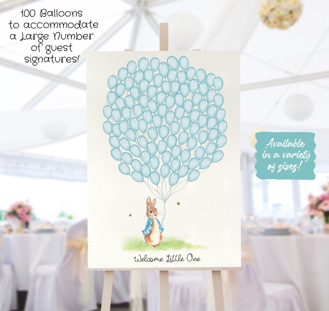 Peter Rabbit Baby Shower Signature Guest Book Print 100 Blue Balloons ...