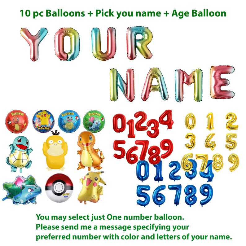 Personalization Pokemon Foil Balloons Set of 10 Large Pokemon Foil ...