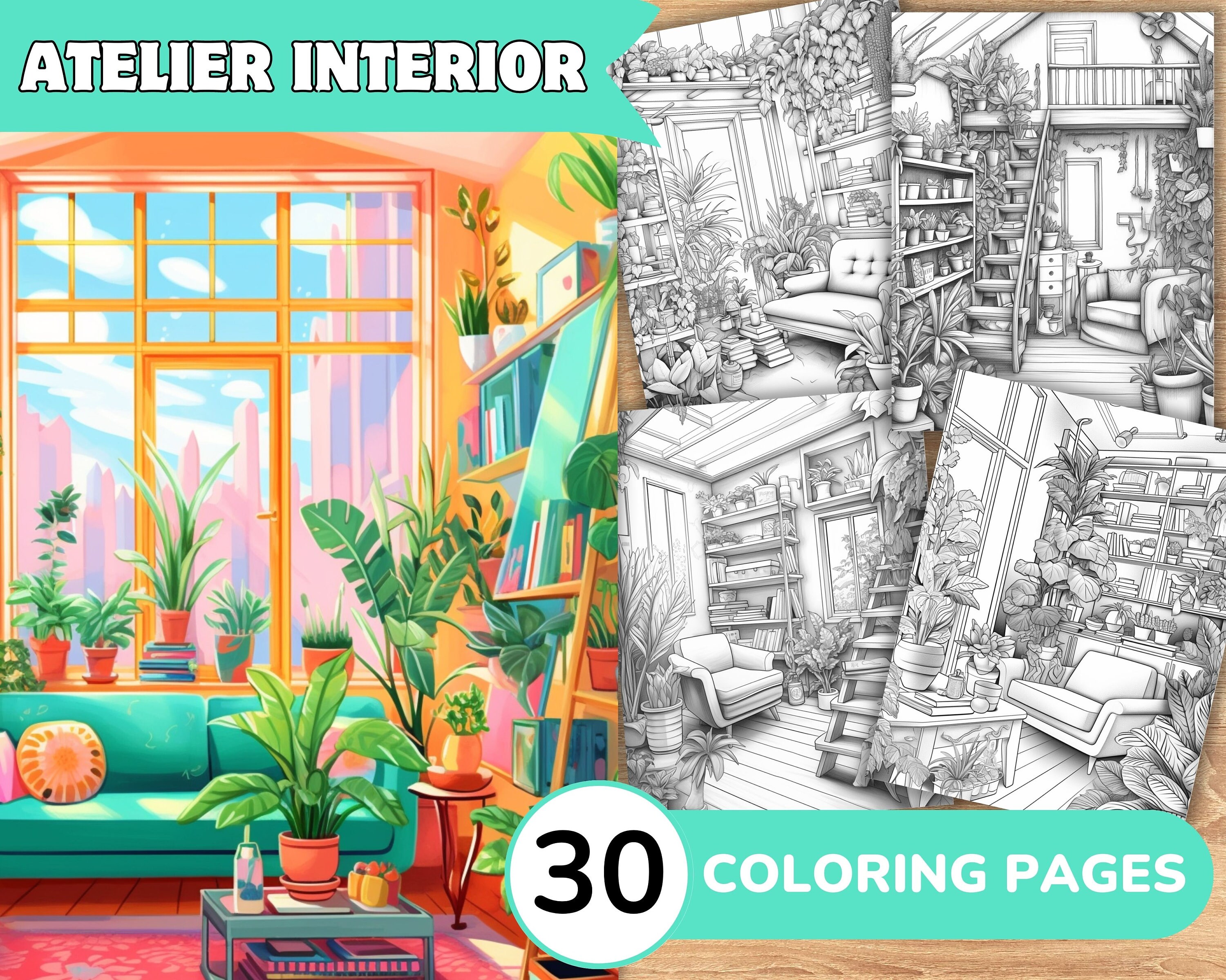 Interior Coloring Pages Book Interior Design Grayscale - Etsy