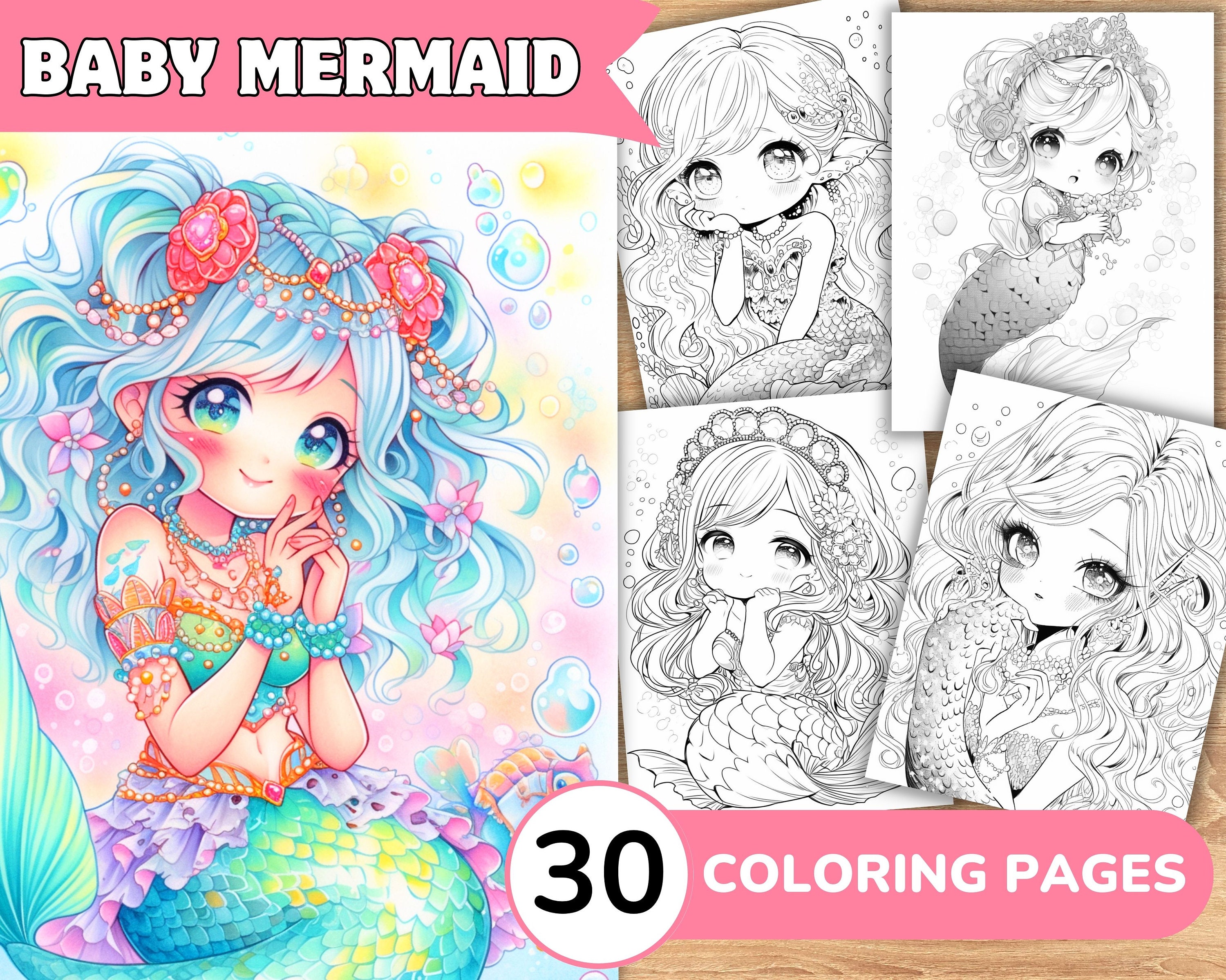 Cute Mermaid Coloring Pages Book Mermaid Grayscale Coloring - Etsy