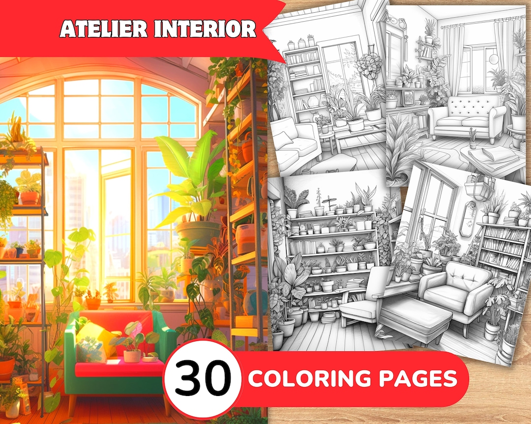 Interior Coloring Pages Book, Interior Design Grayscale Coloring Book ...