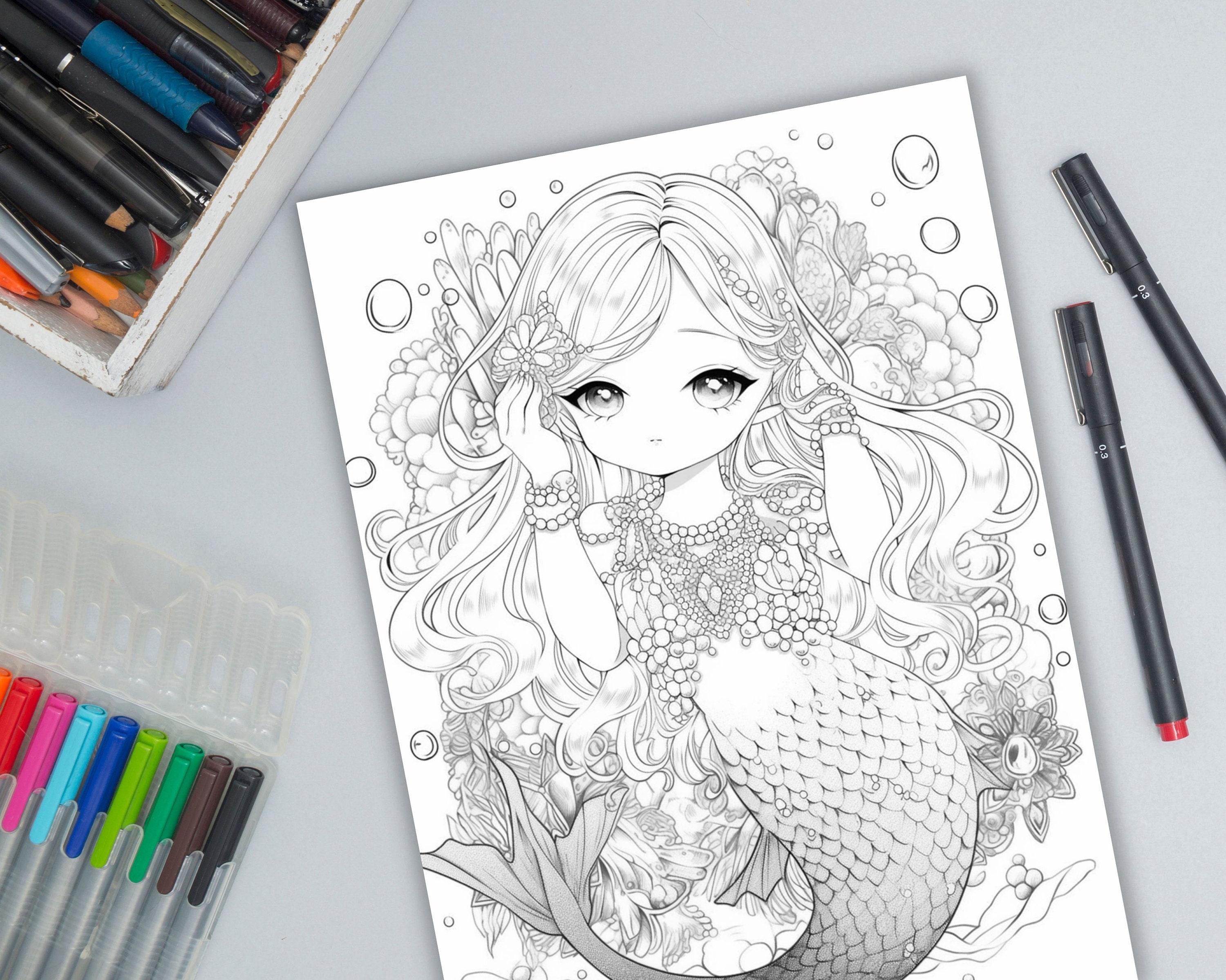 Cute Mermaid Coloring Pages Book Mermaid Grayscale Coloring - Etsy