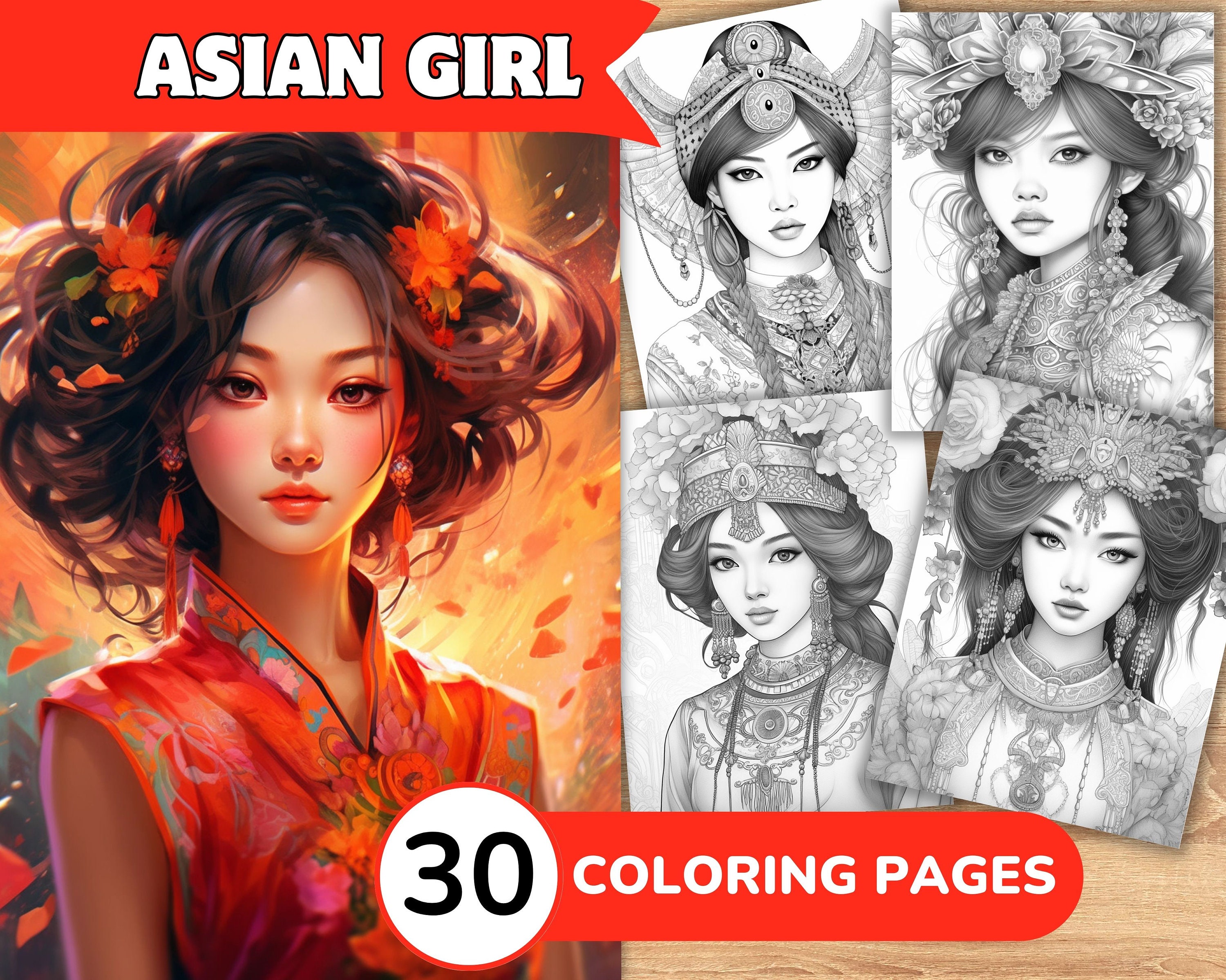 Asian Coloring Pages Asian Coloring Girl Coloring Book Girl - Etsy