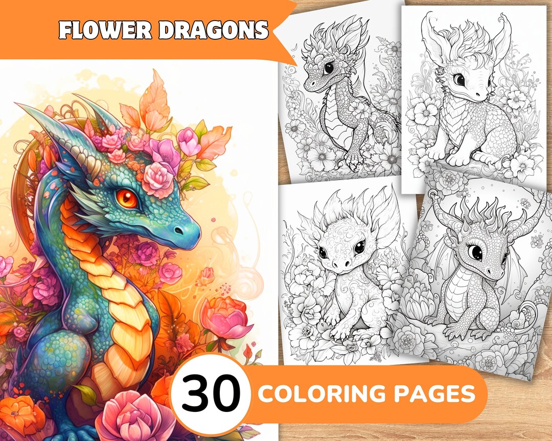 Dragon Coloring Pages Book, Cute Dragon Grayscale Coloring Book, Flower ...