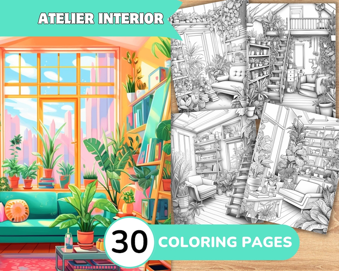 Interior Coloring Pages Book, Interior Design Grayscale Coloring Book ...