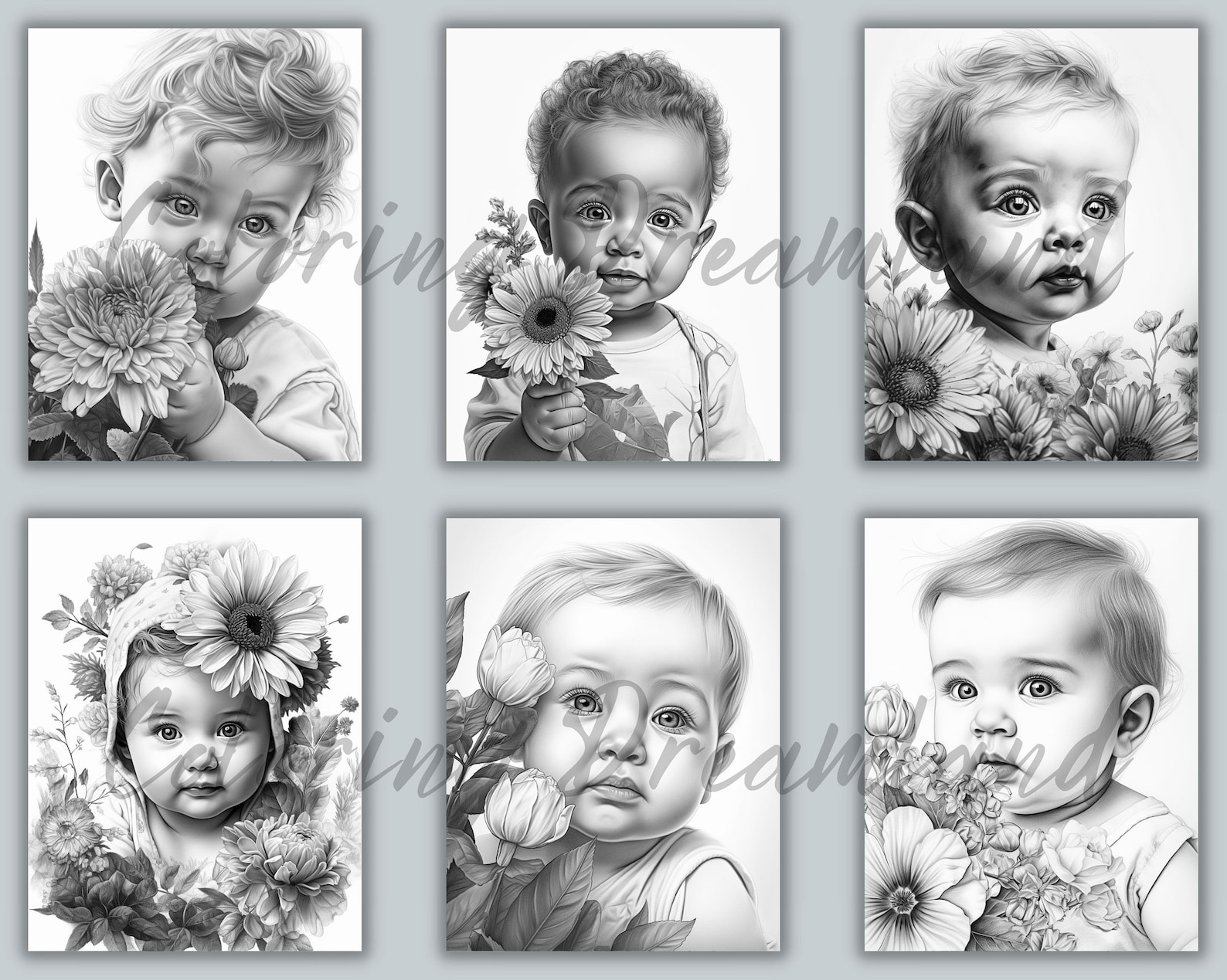 Flower Babies Coloring Pages Book, Cute Babies Grayscale Coloring Book ...