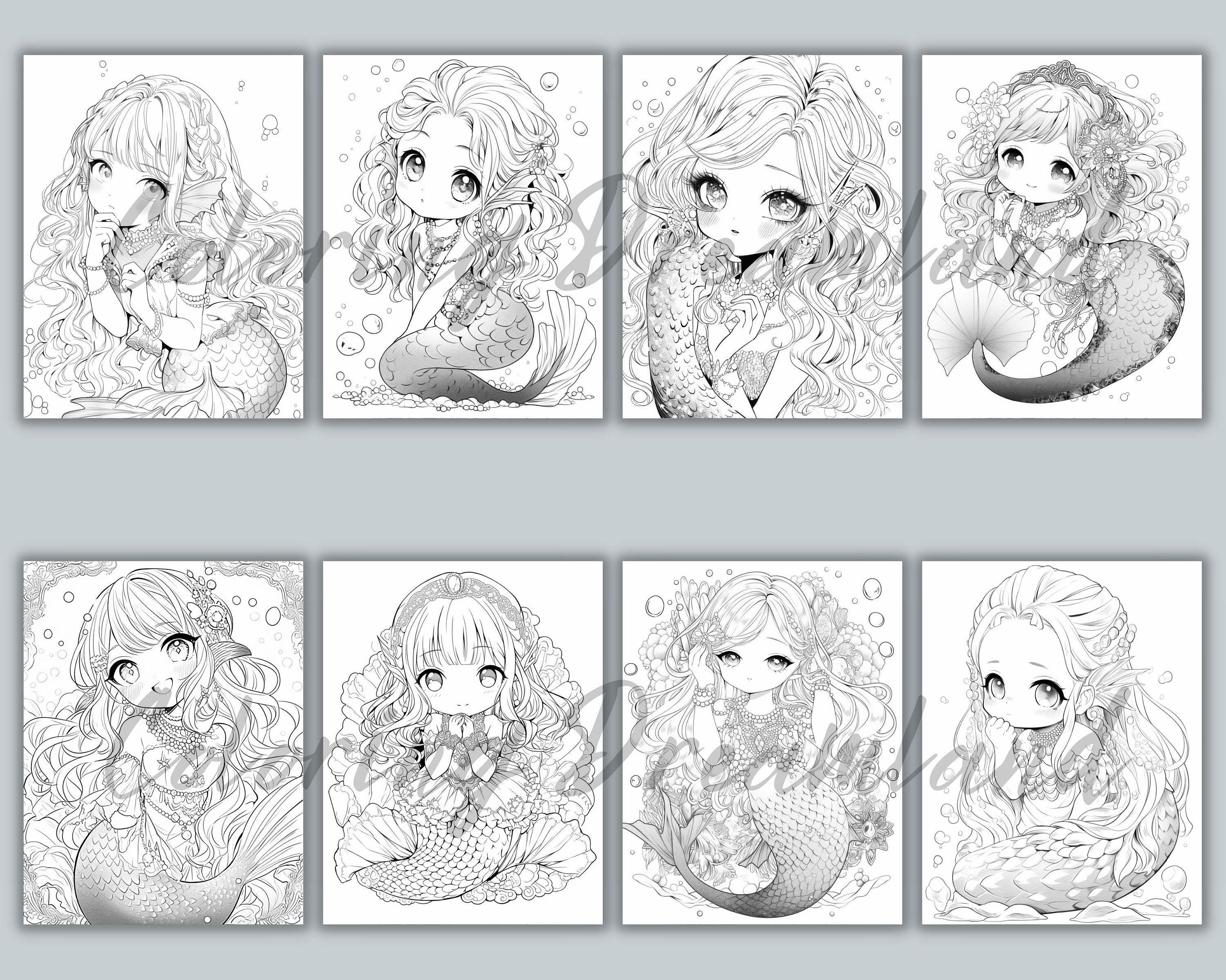 Cute Mermaid Coloring Pages Book Mermaid Grayscale Coloring - Etsy