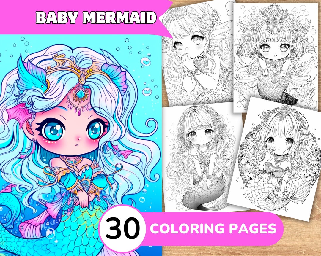 Cute Mermaid Coloring Pages Book, Mermaid Grayscale Coloring Book ...