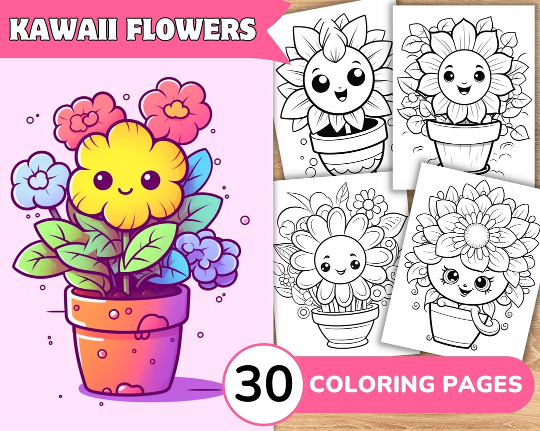 Kawaii Coloring Pages Kawaii Coloring Book Kawaii Flower - Etsy