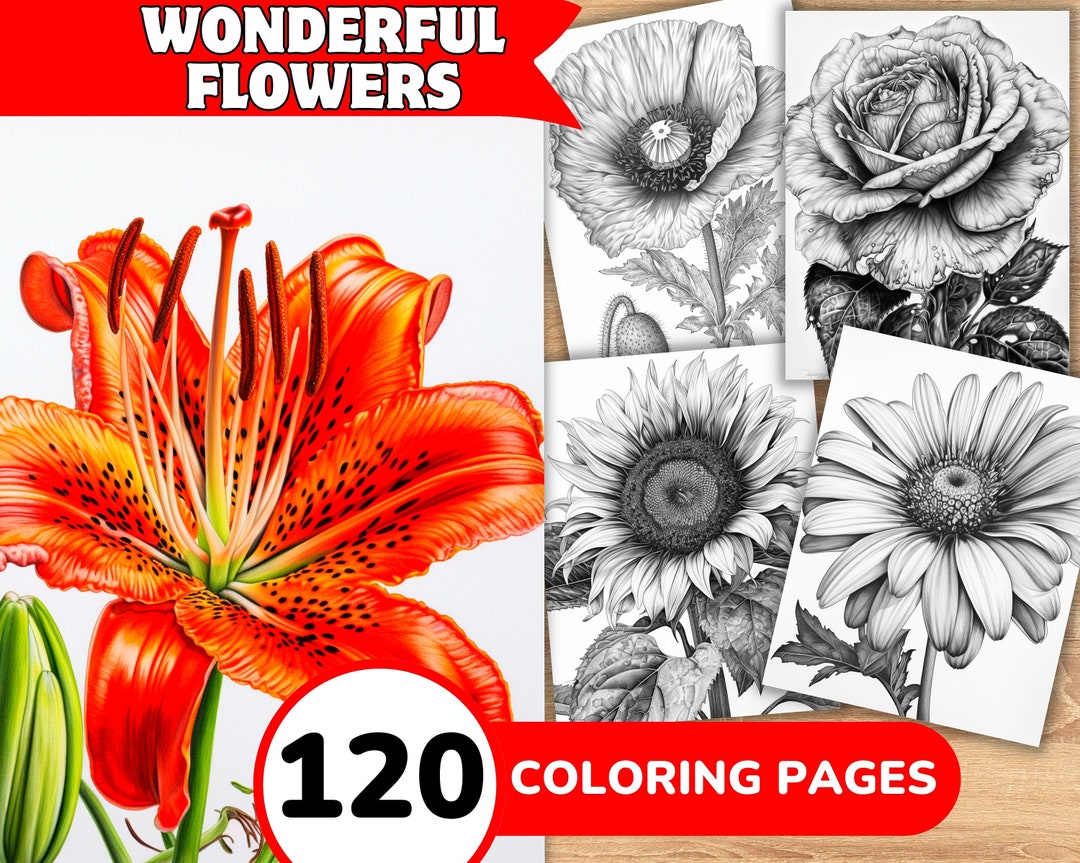 Flowers Grayscale Coloring Pages Book, Beautiful Flowers Grayscale ...