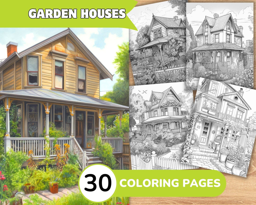 Garden House Coloring Page Book, Garden Grayscale Coloring Book, Garden ...