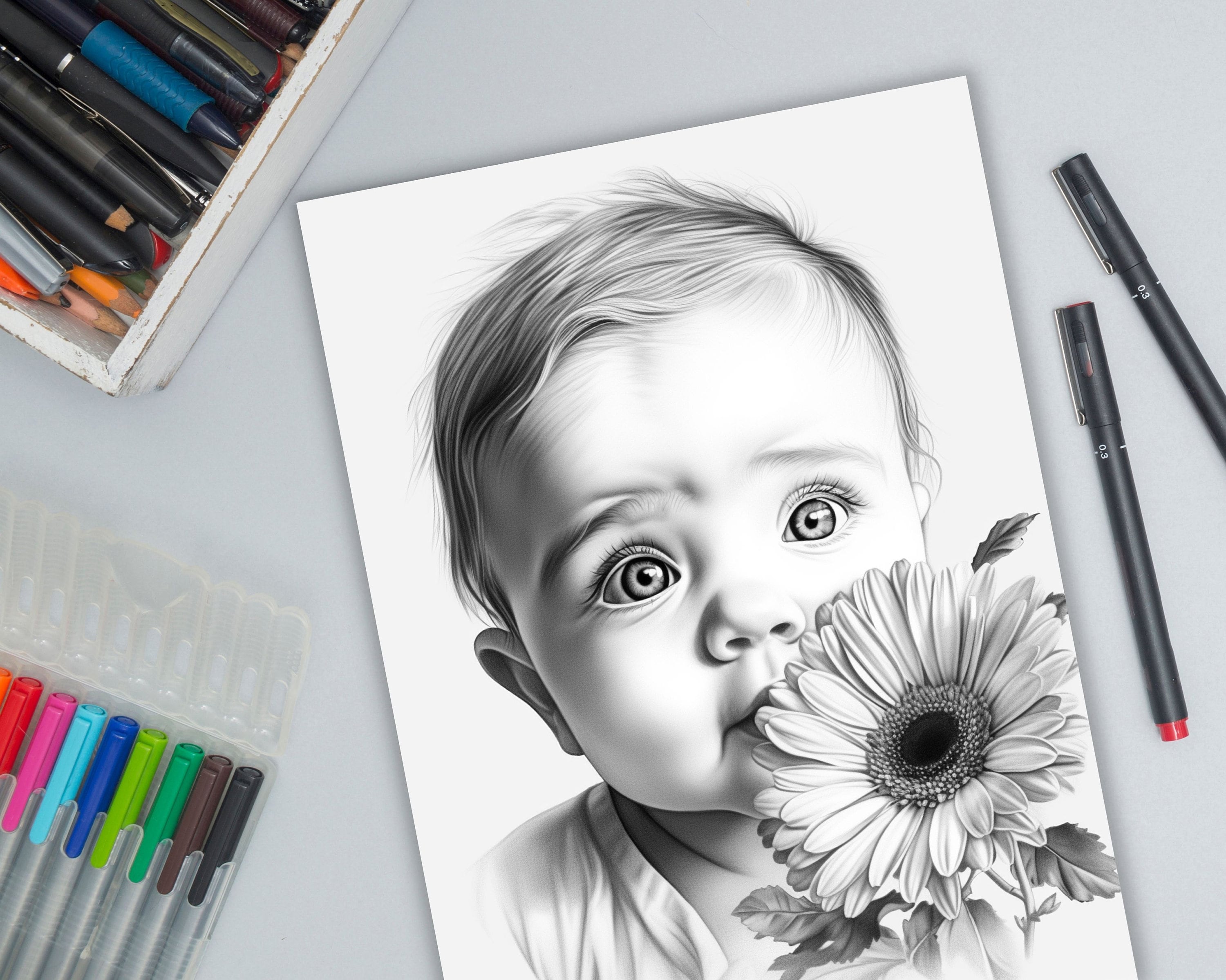 Flower Babies Coloring Pages Book Cute Babies Grayscale - Etsy