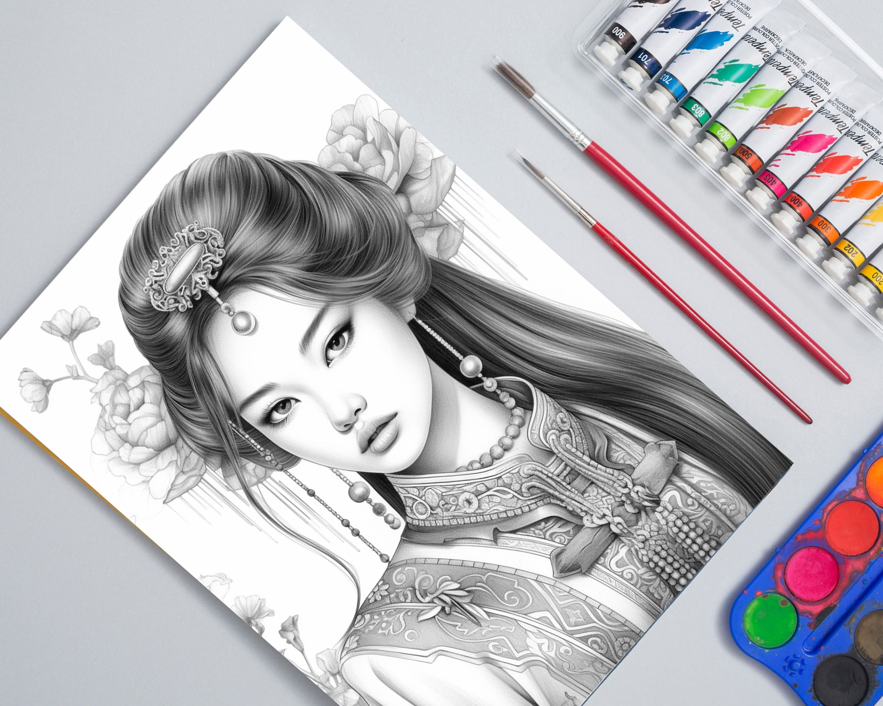 Asian Coloring Pages Asian Coloring Girl Coloring Book Girl - Etsy