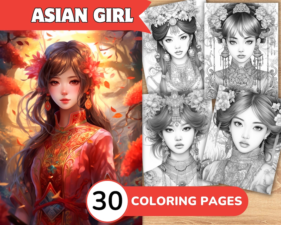 Asian Coloring Pages Asian Coloring Girl Coloring Book Girl - Etsy
