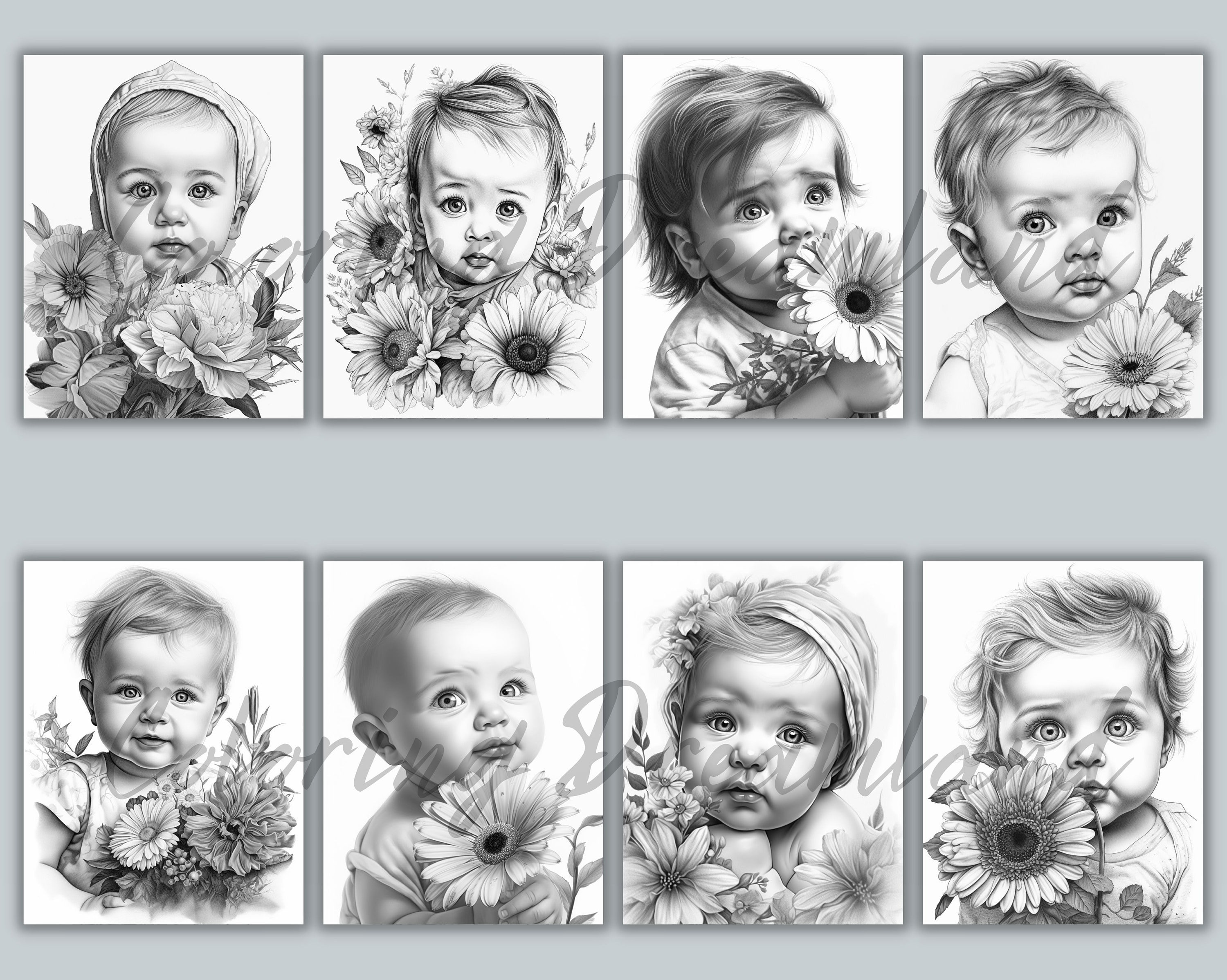 Flower Babies Coloring Pages Book Cute Babies Grayscale - Etsy