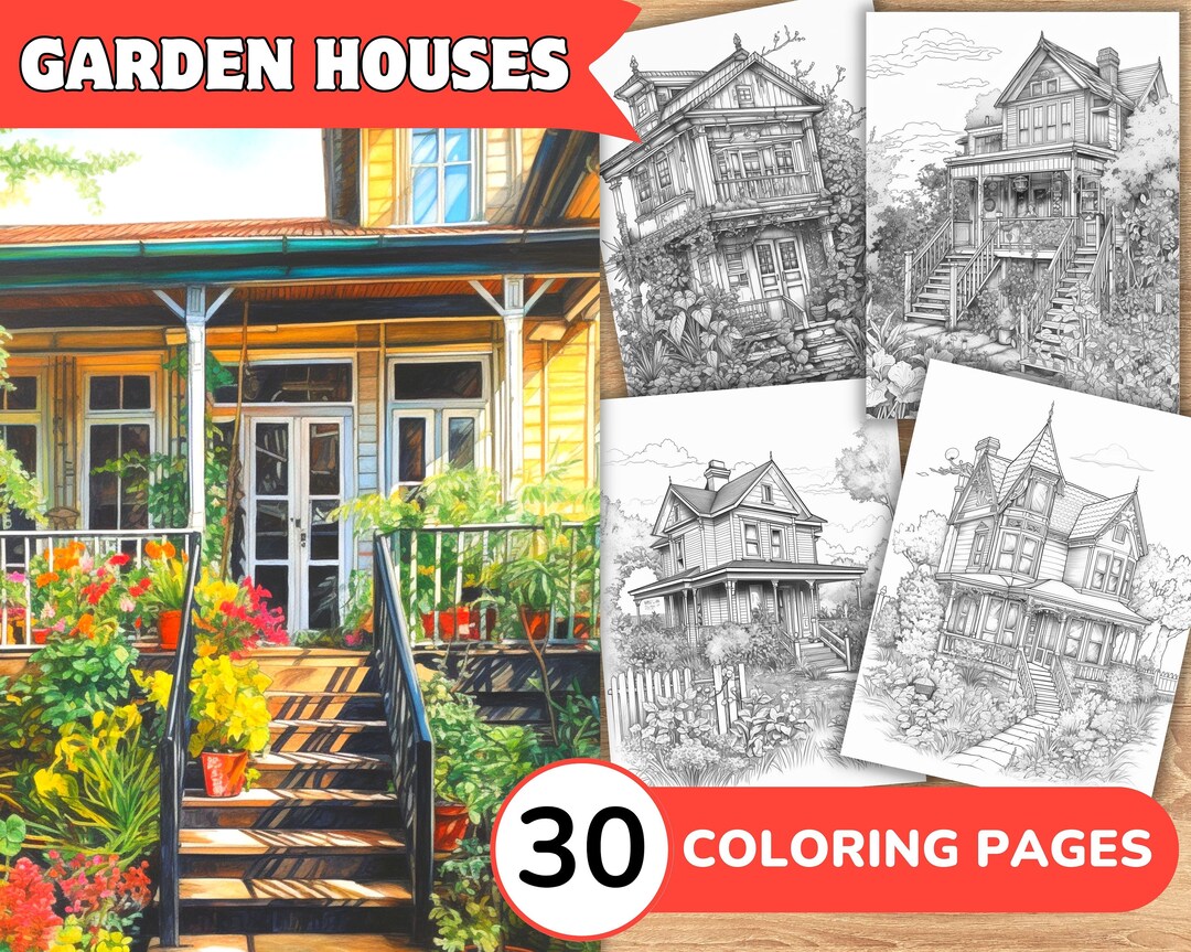 Garden House Coloring Page Book Backyard Home Grayscale - Etsy