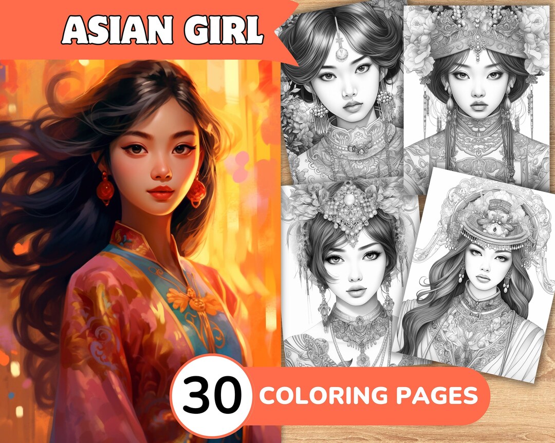 Asian Coloring Pages Asian Coloring Girl Coloring Book Girl - Etsy