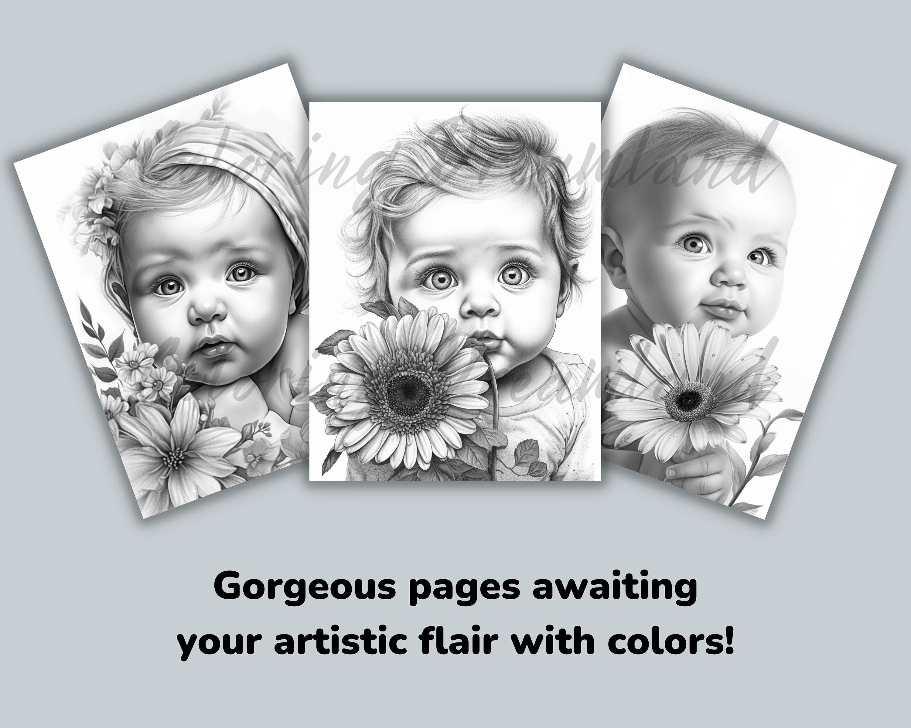 Flower Babies Coloring Pages Book Cute Babies Grayscale - Etsy