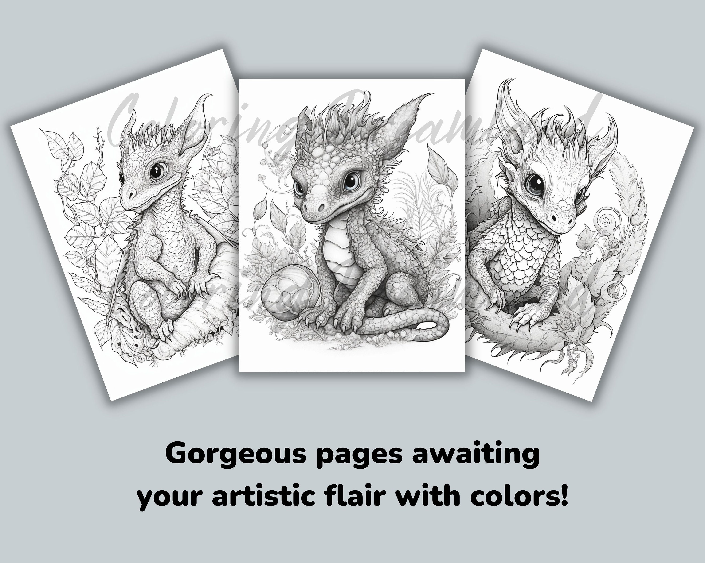 Dragon Coloring Pages Book, Cute Dragon Grayscale Coloring Book, Dragon ...