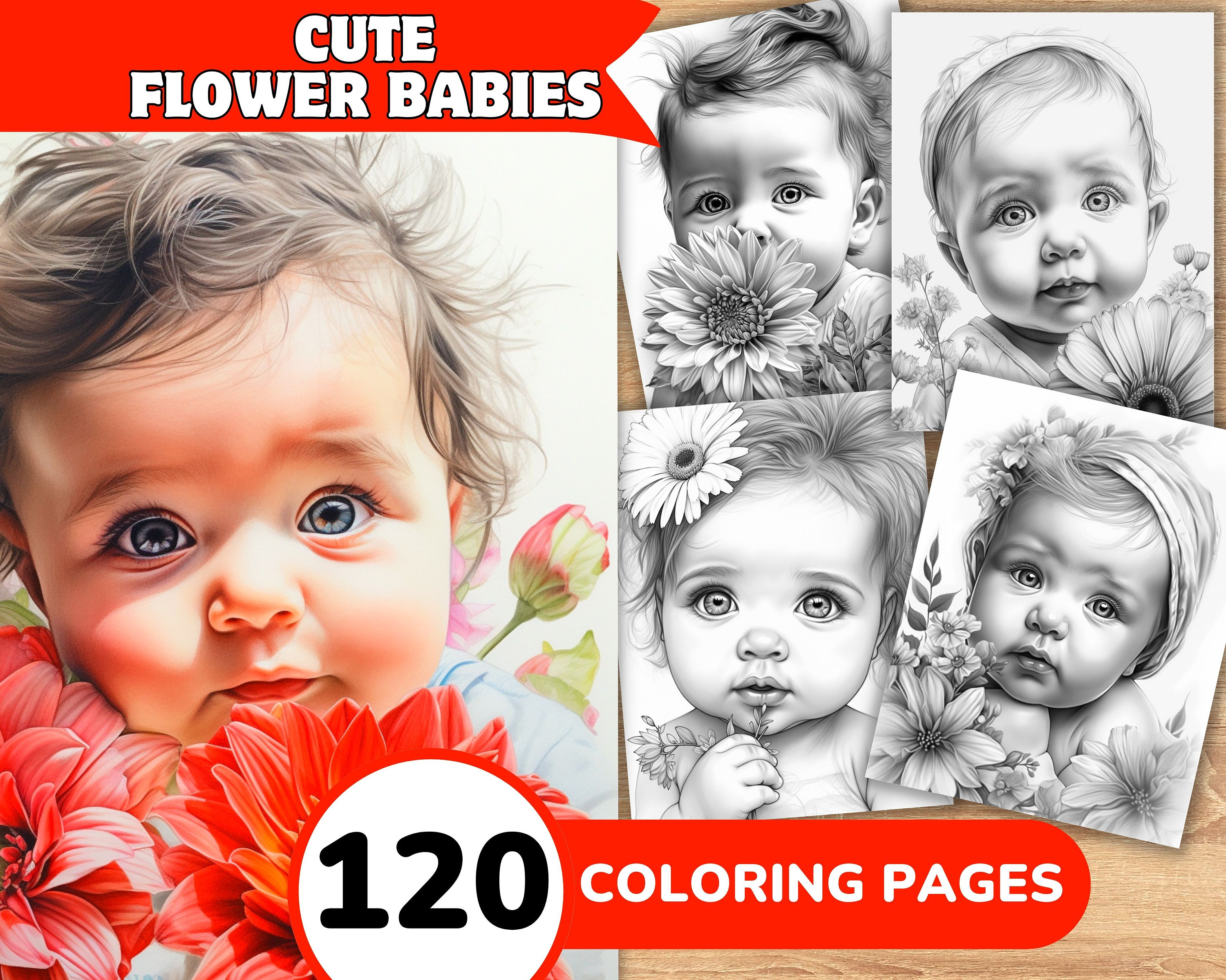 Flower Babies Coloring Pages Book, Cute Babies Grayscale Coloring Book ...