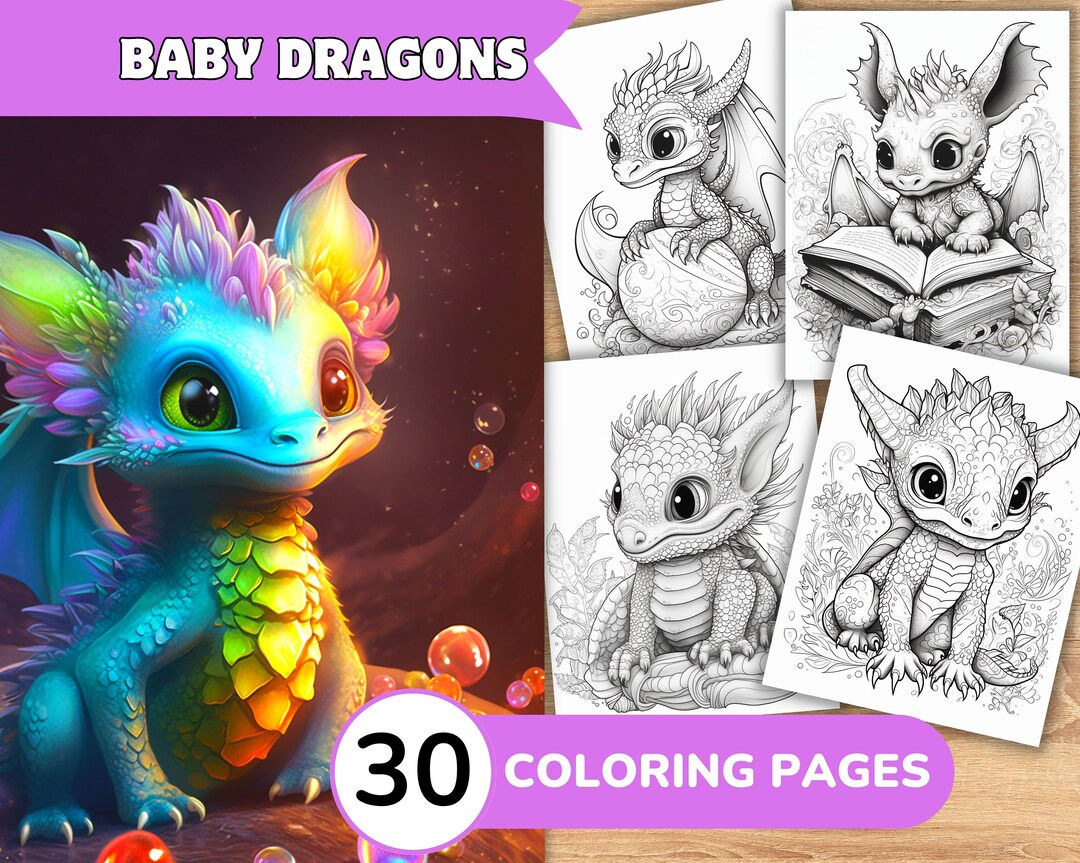 Dragon Coloring Pages Book, Cute Dragon Grayscale Coloring Book, Dragon ...