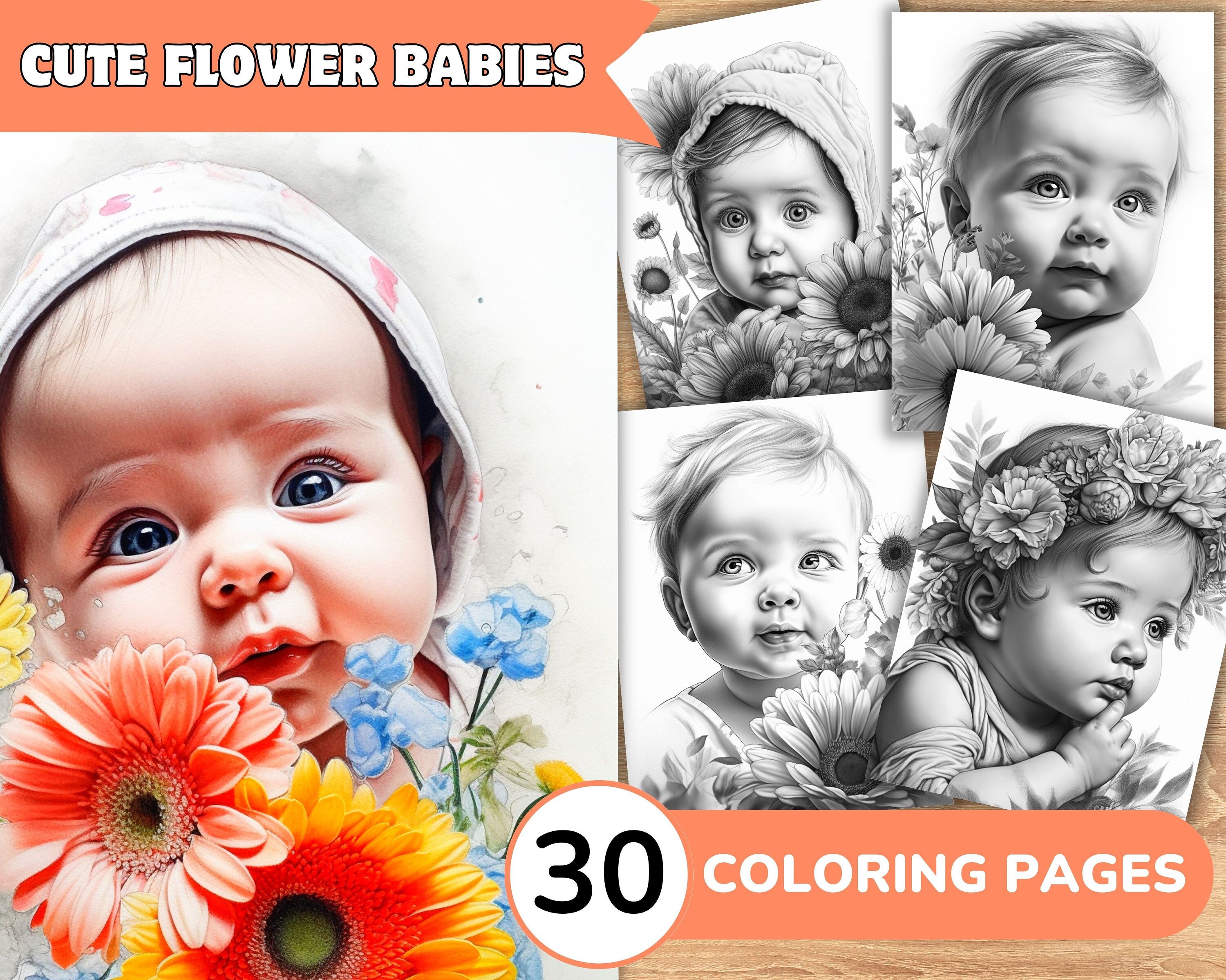 Flower Babies Coloring Pages Book Cute Babies Grayscale - Etsy