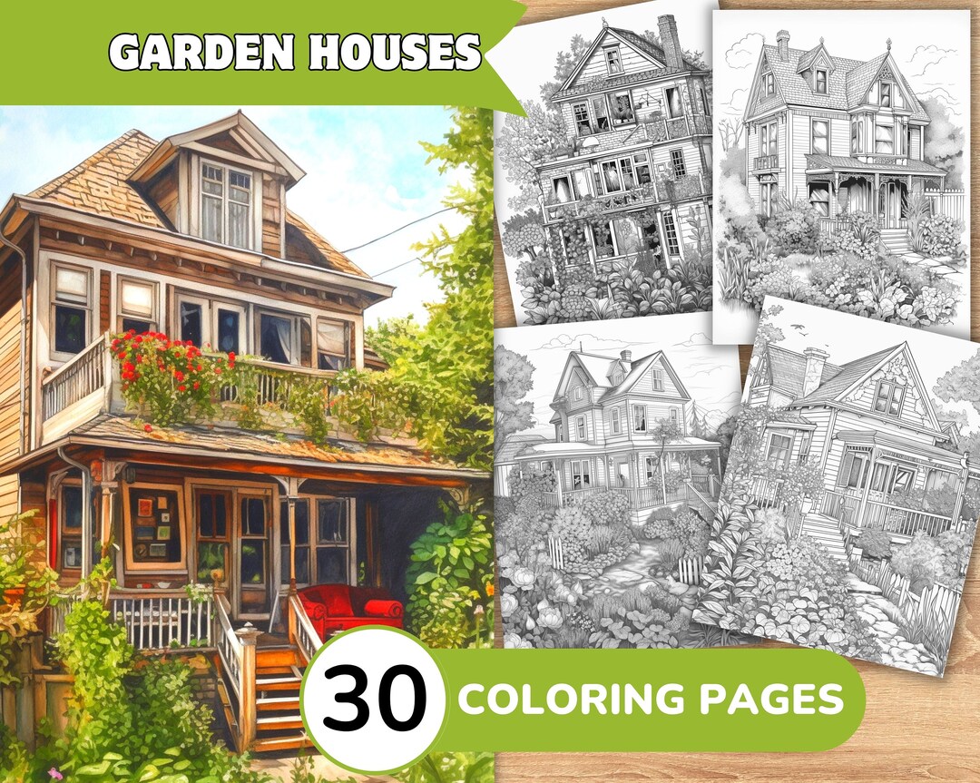 Garden House Coloring Page Book, Garden Grayscale Coloring Book, Garden ...