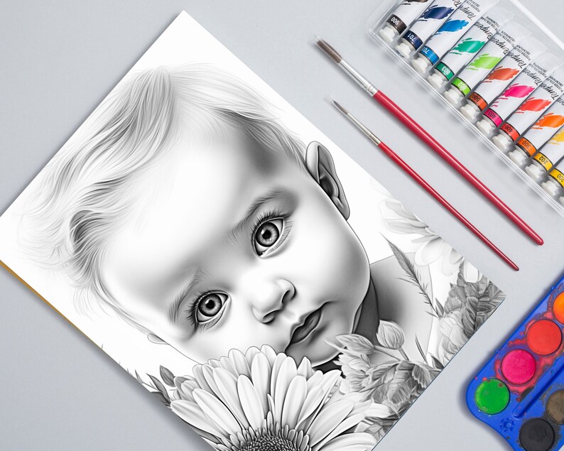 Flower Babies Coloring Pages Book, Cute Babies Grayscale Coloring Book ...