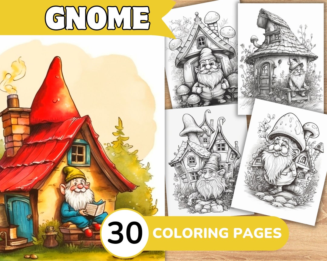 Gnomes Coloring Pages Book, Gnome House Grayscale Coloring Book, Gnome ...