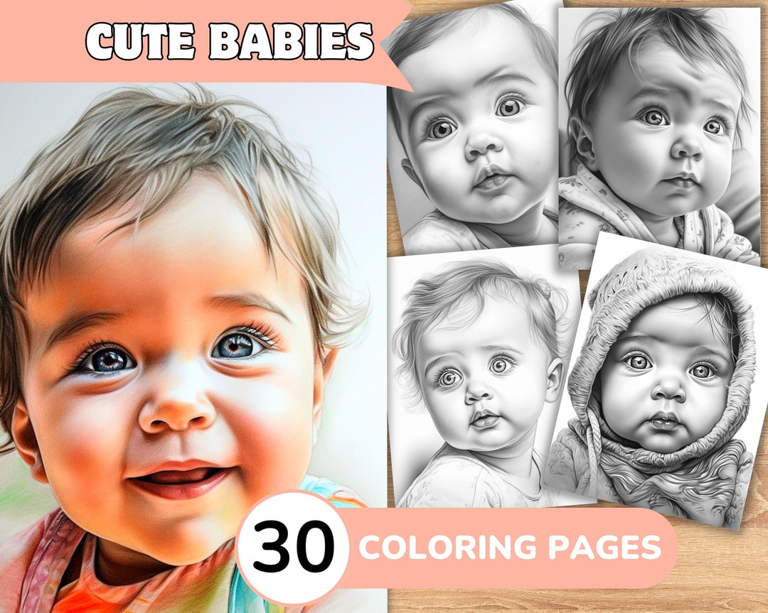 Cute Babies Coloring Pages Book, Babies Grayscale Coloring Book, Babies ...