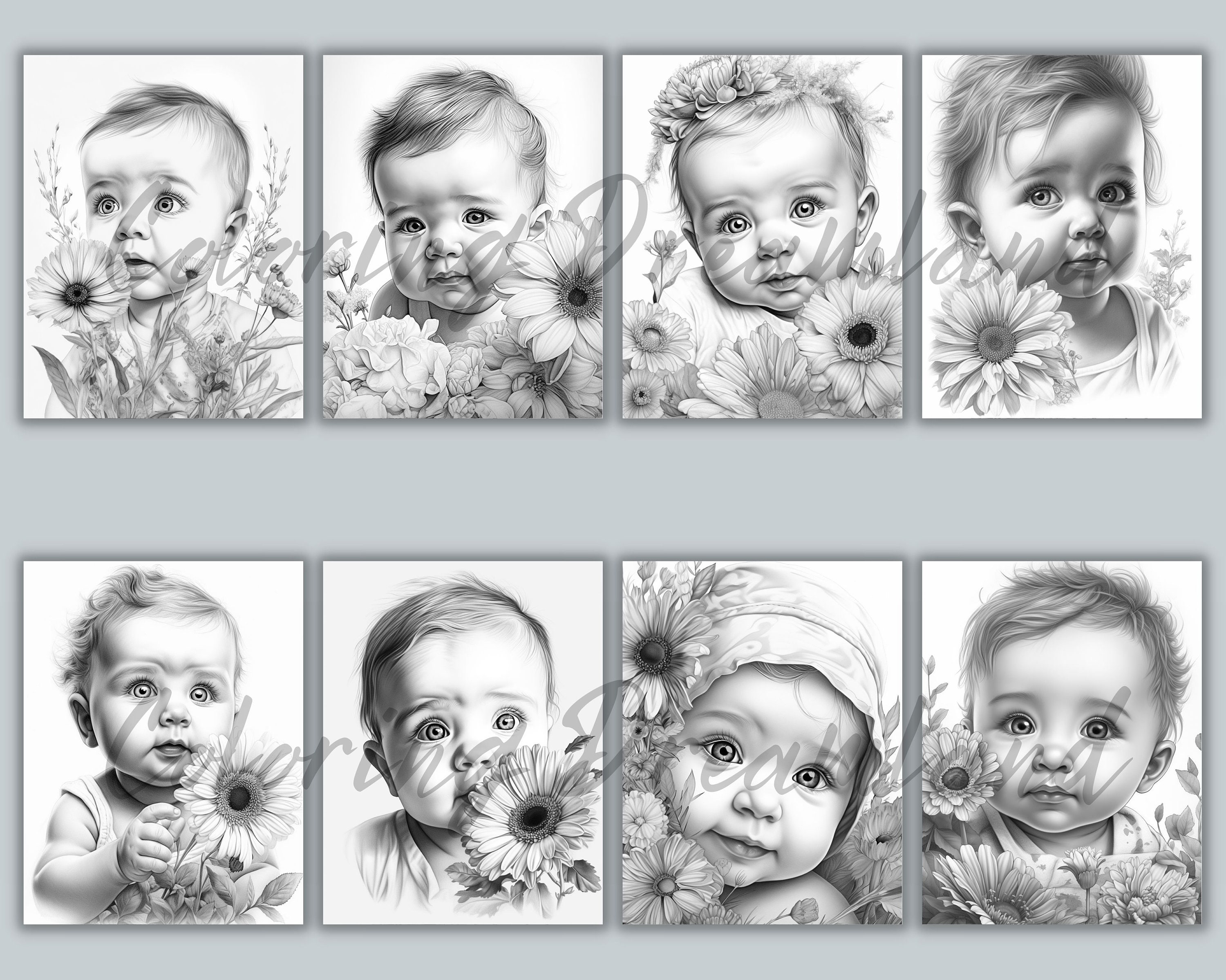 Flower Babies Coloring Pages Book Cute Babies Grayscale - Etsy